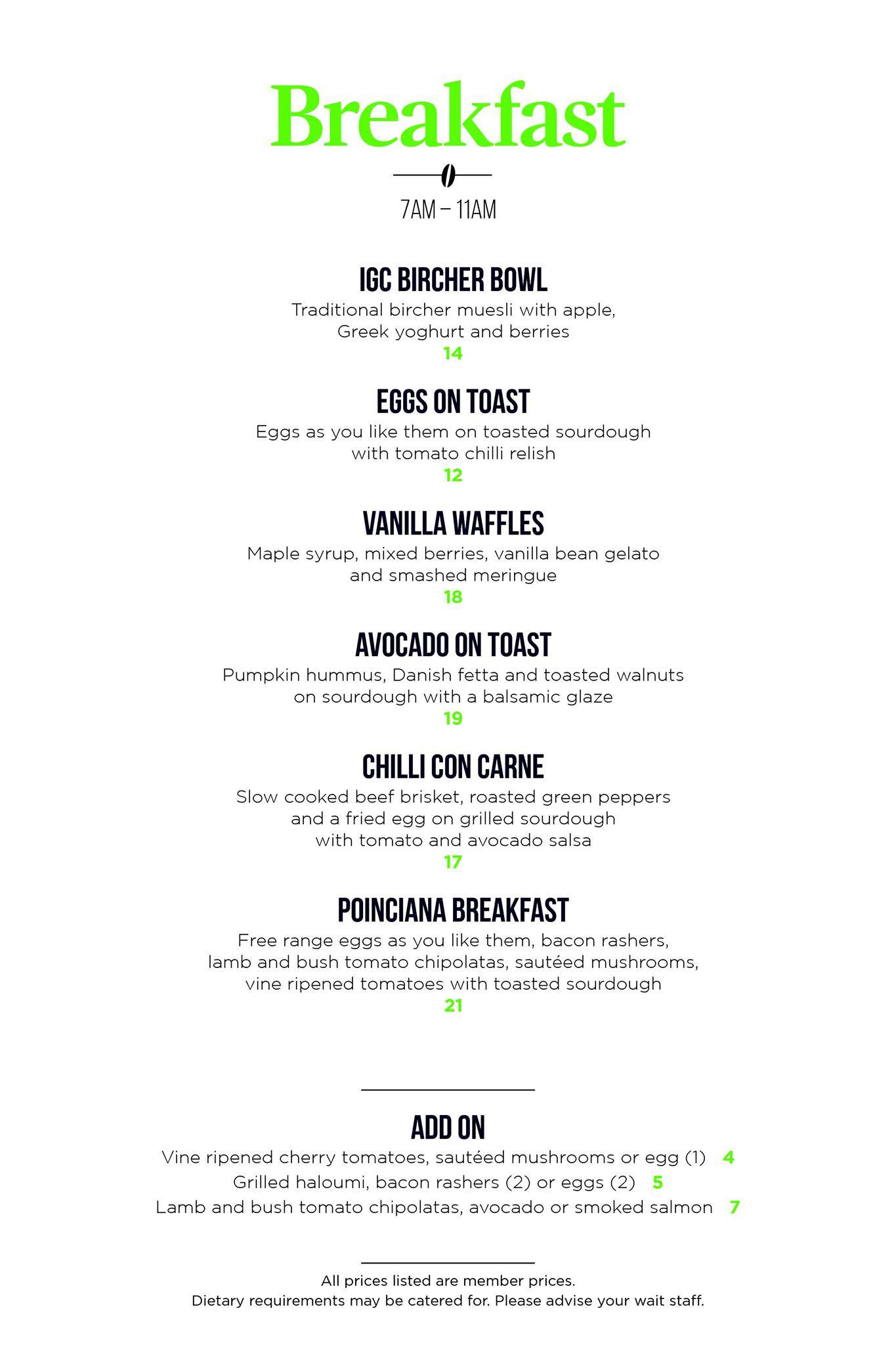 Menu at Indooroopilly Golf Club, South Brisbane