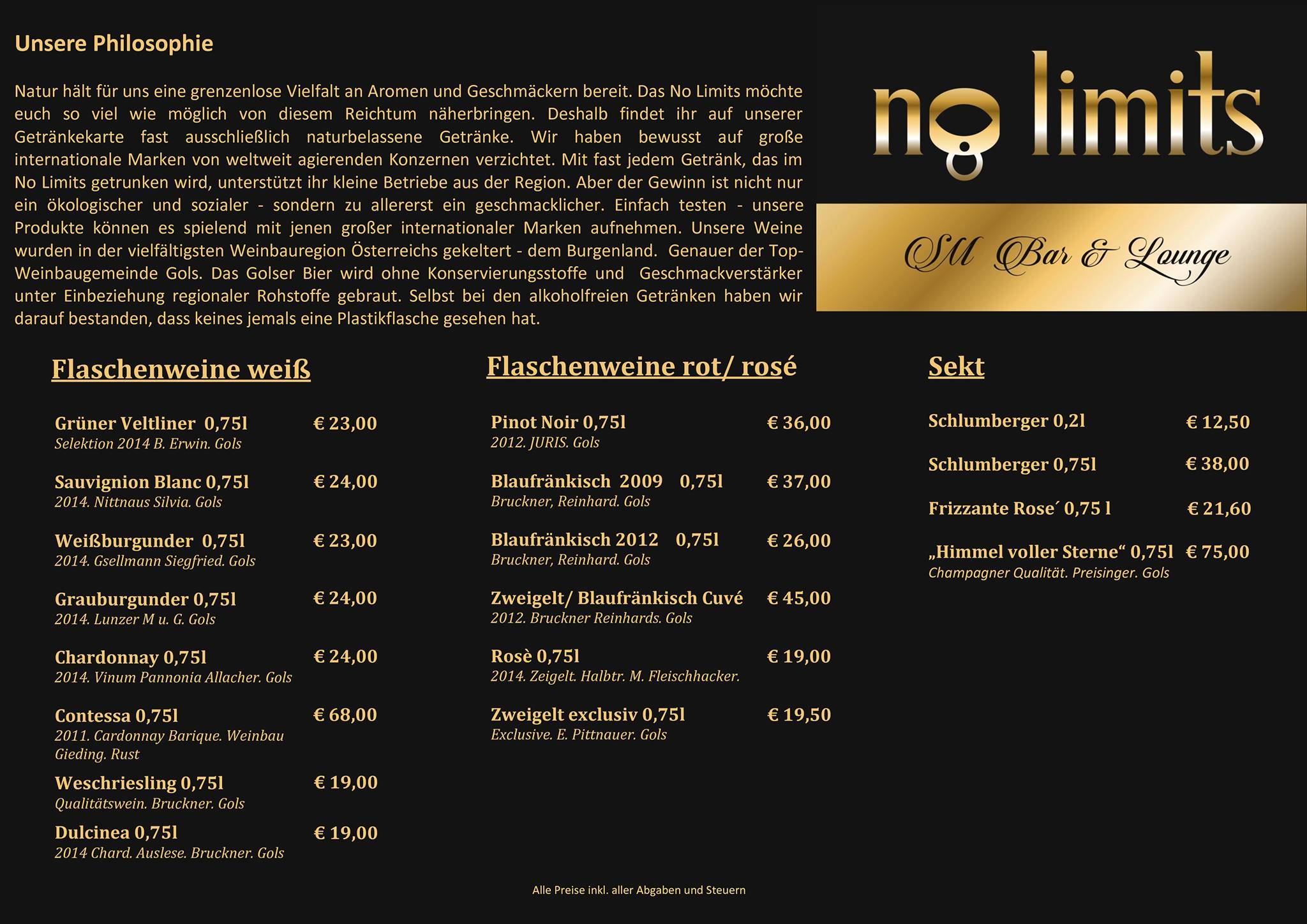 Menu at No Limits club, Vienna