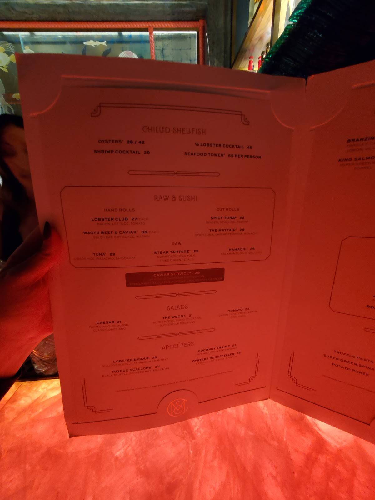 Menu at The Mayfair Supper Club, Las Vegas