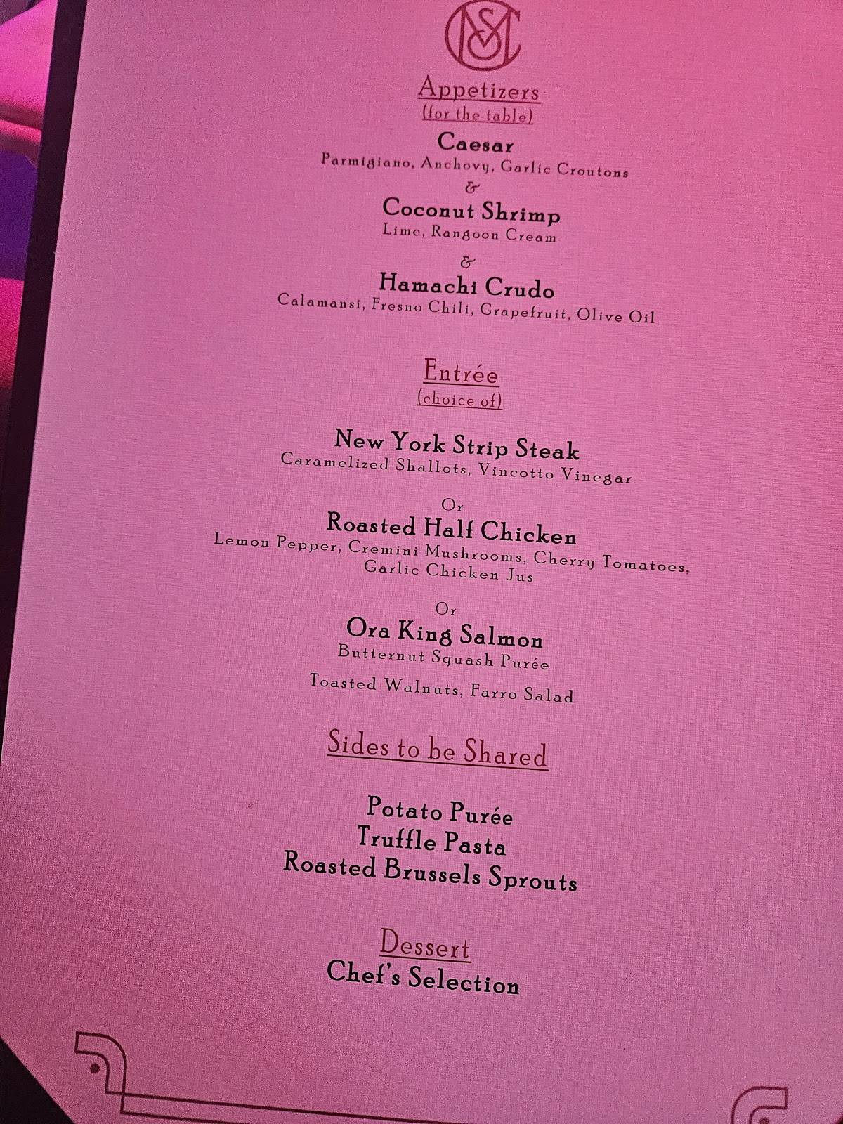 Menu at The Mayfair Supper Club, Las Vegas
