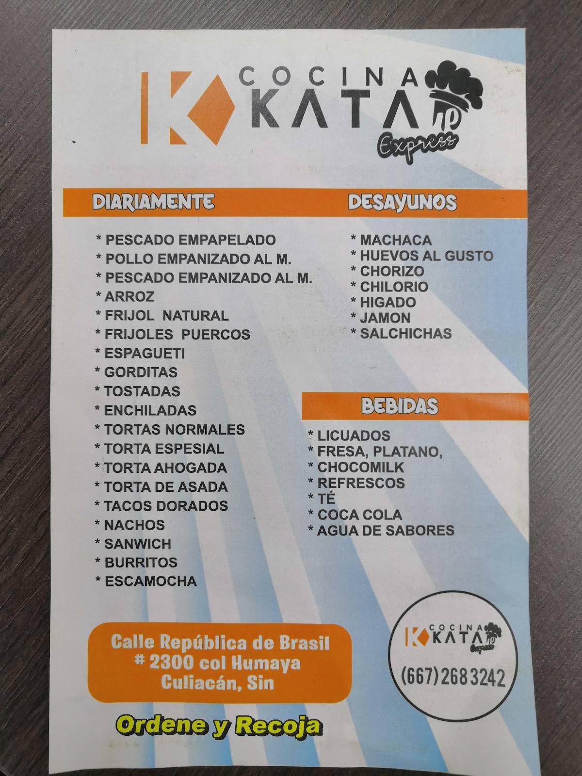 Menu at Cocina Kata restaurant, Culiacán