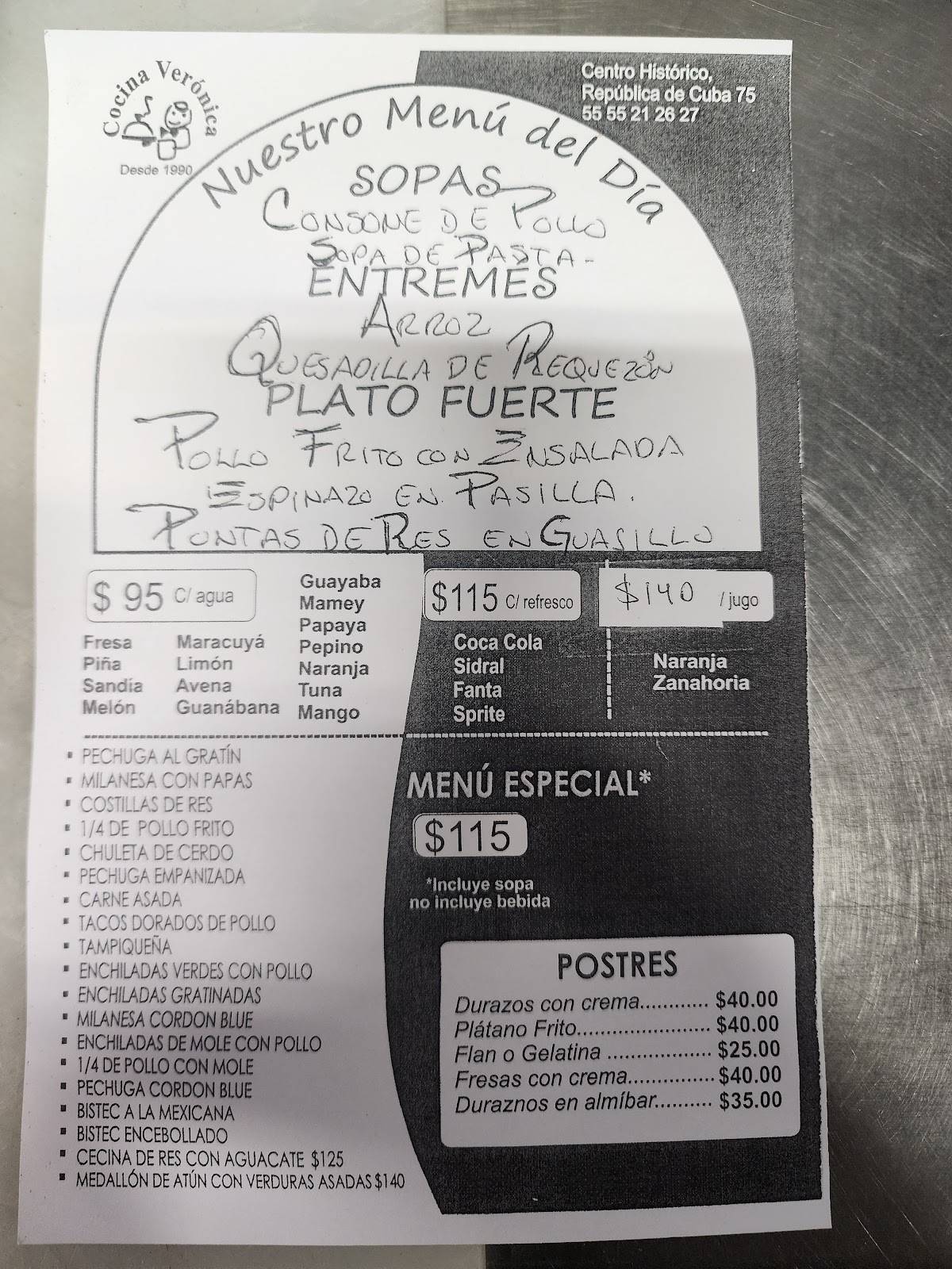 Menu at Cocina Veronica restaurant, Mexico City