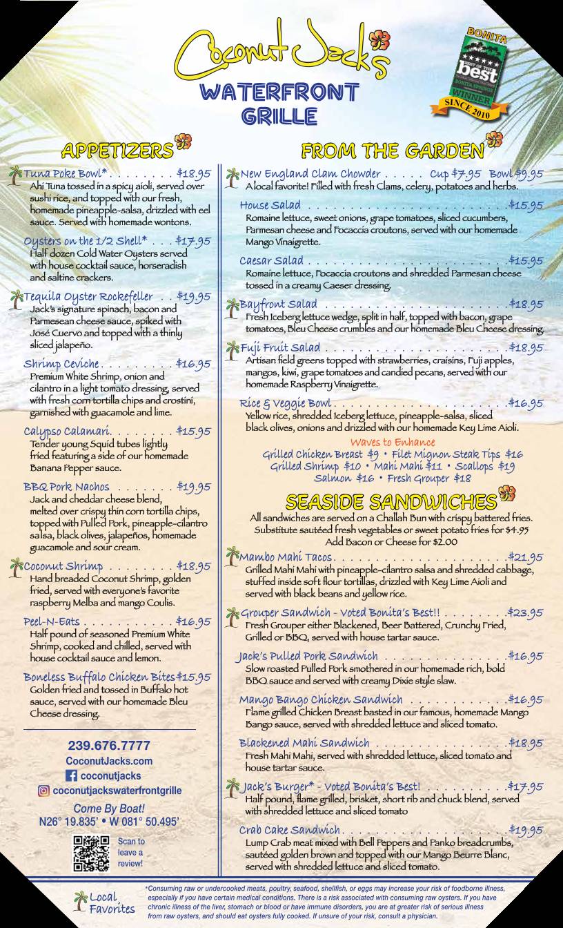 Menu at Coconut Jack's Waterfront Grille restaurant, Bonita Springs