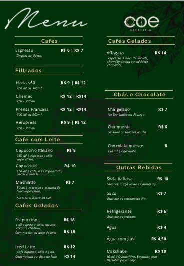 Carta de Coe Cafeteria, Brasília, Q 6 CL QD 06 CL21