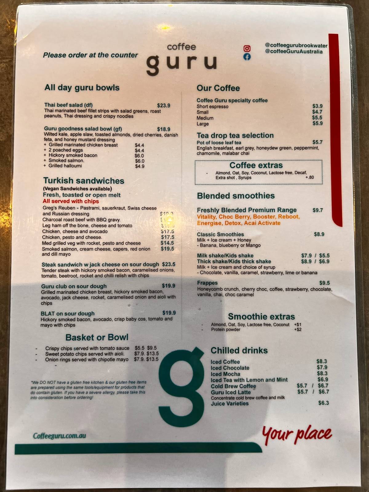 Menu at Coffee Guru Brookwater cafe, Brookwater