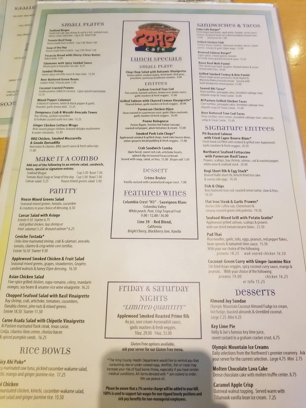Menu at Coho Cafe, Issaquah