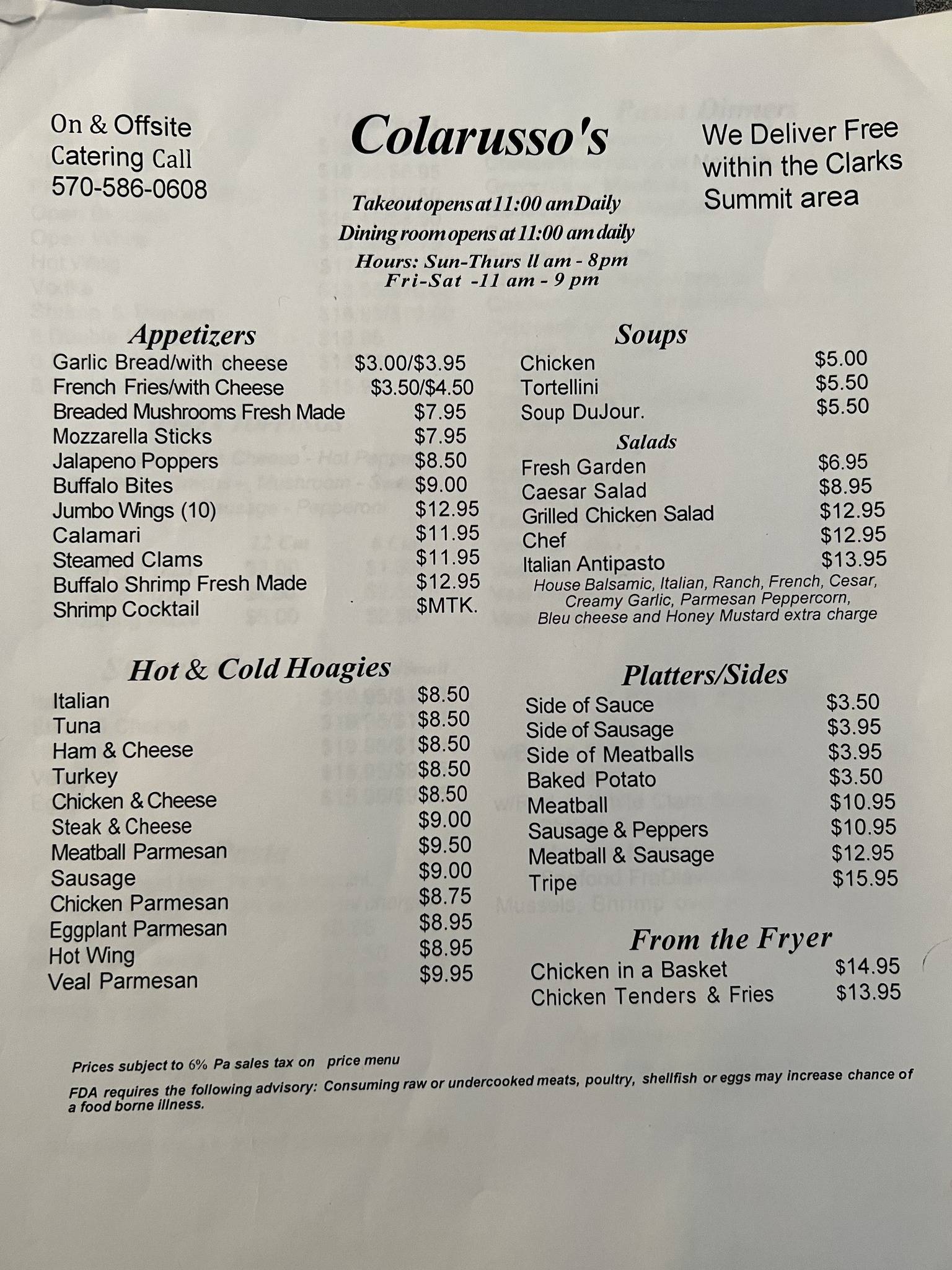 Menu at Colarusso's Cafe, Clarks Summit, 100 E Grove St