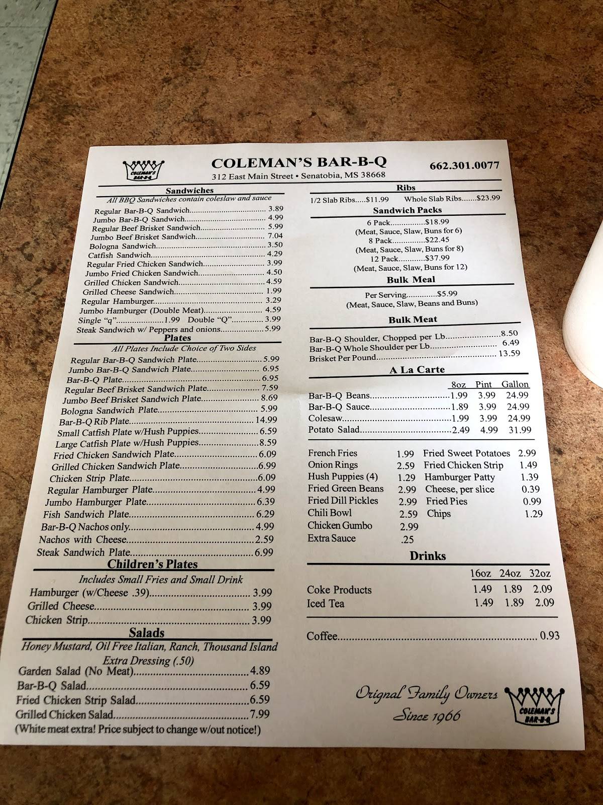 Menu at Coleman's Bar-B-Q,LLC, Senatobia