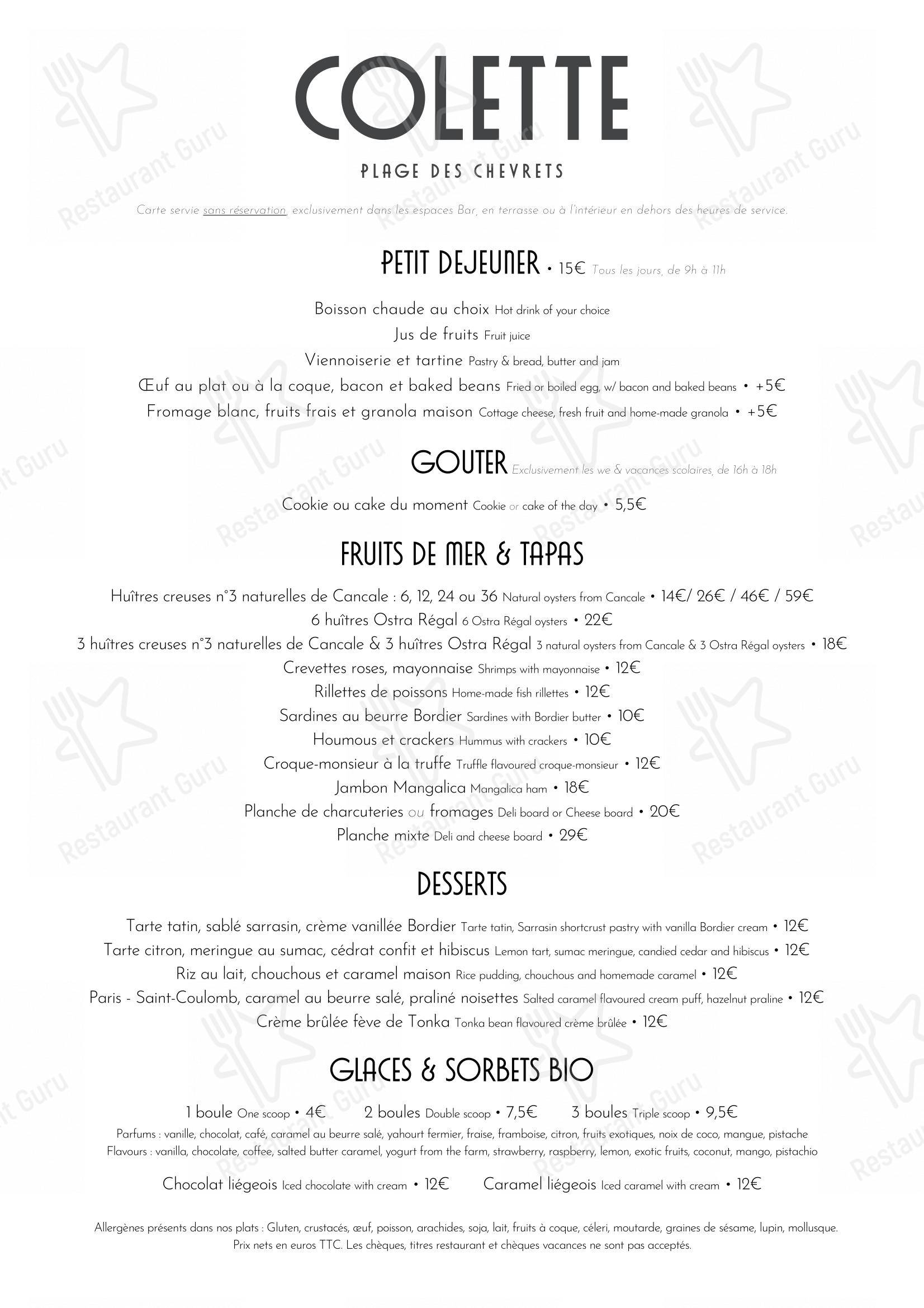 Menu au Colette restaurant, Saint-Coulomb
