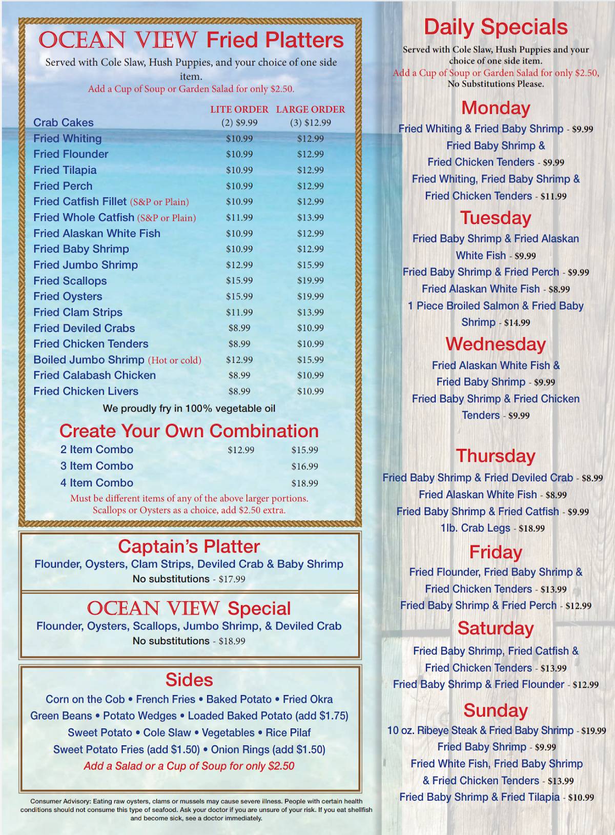 Menu at Ocean View Seafood Restaurant, Columbia, Broad River Rd