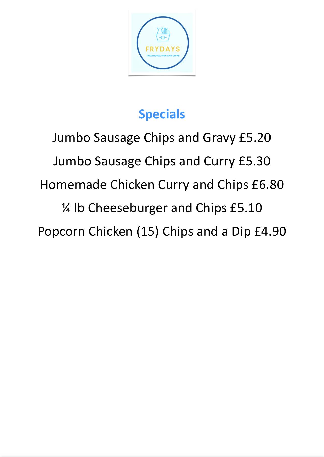 Menu at Frydays restaurant, Llandudno