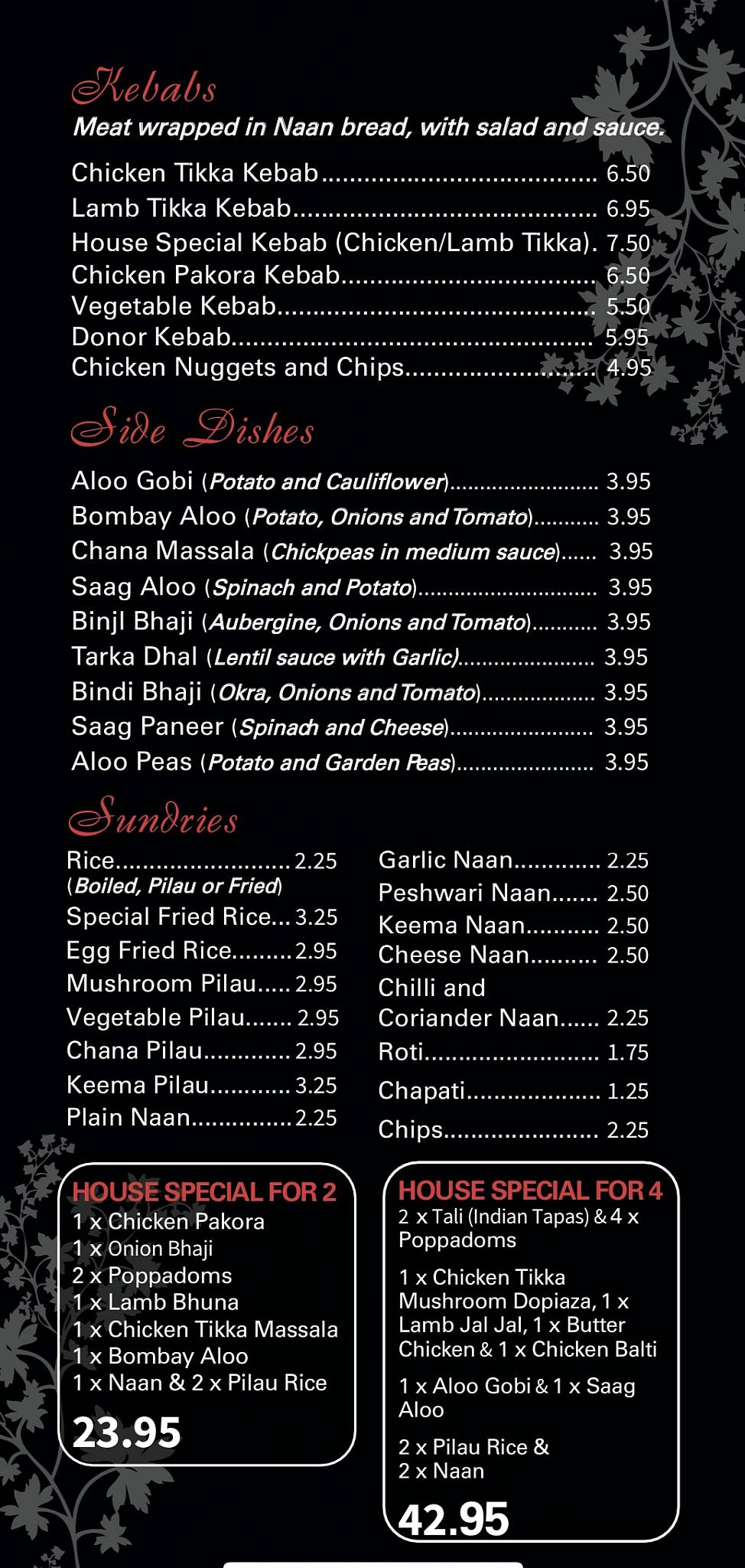 Menu at Comber Tandoori restaurant, Newtownards, The Cooperage