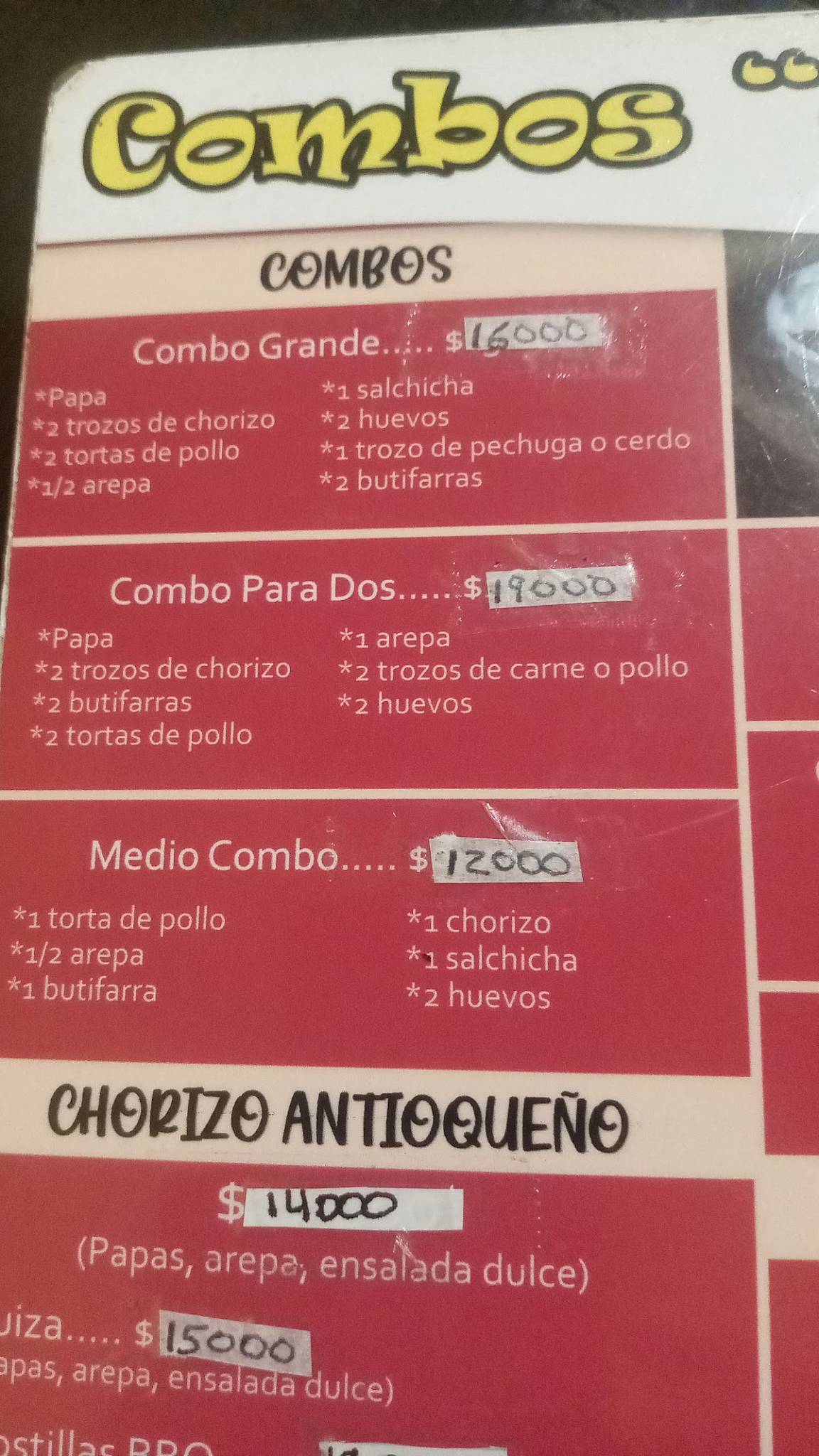 Carta del restaurante Combos J, Riosucio