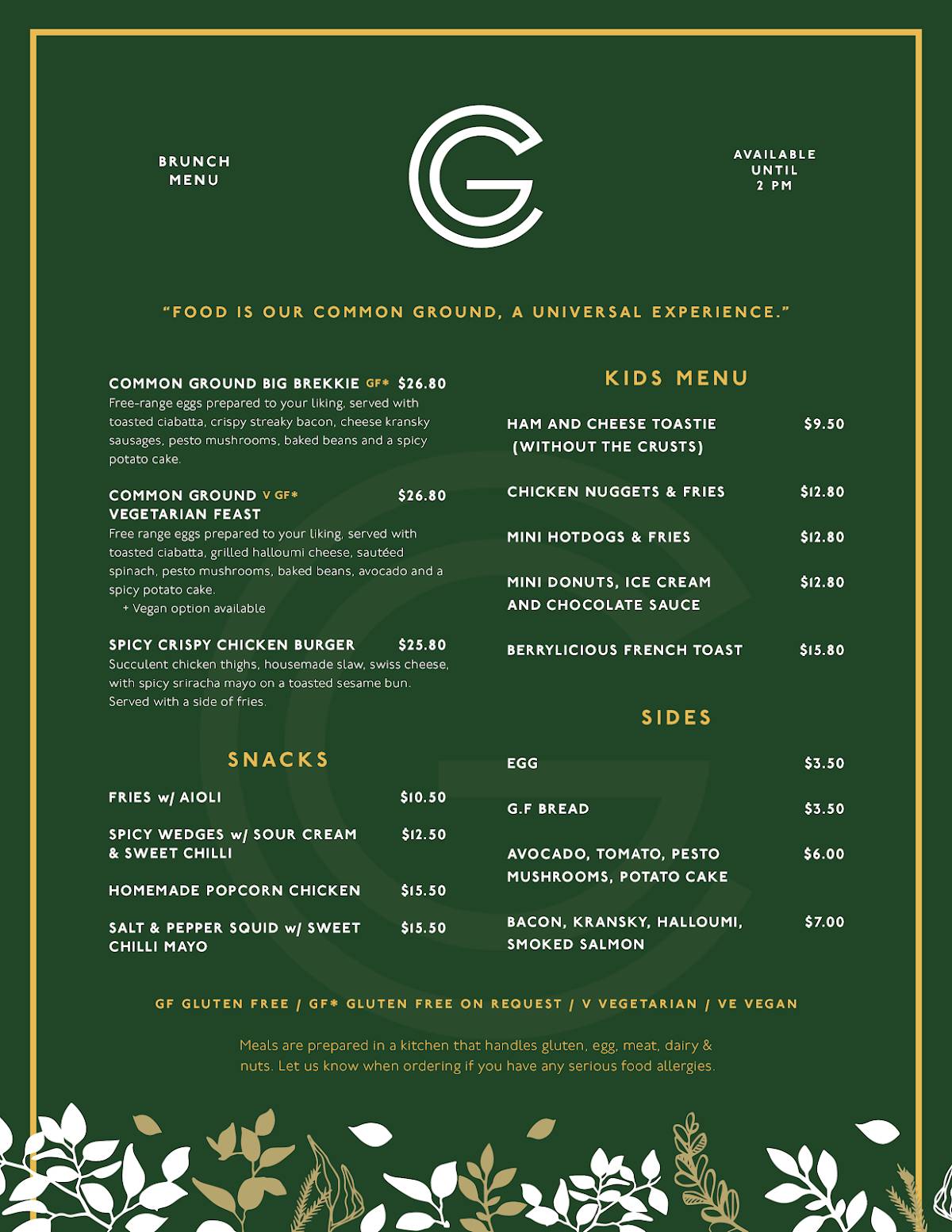 Menu at Common Ground Cafe, Wellington