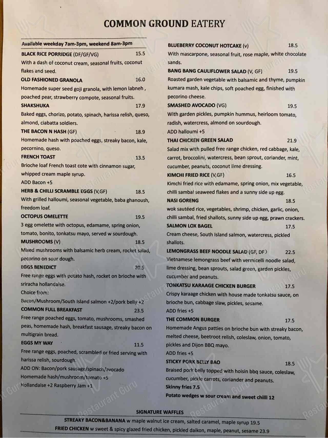 Menu at Common Ground Eatery cafe, Auckland