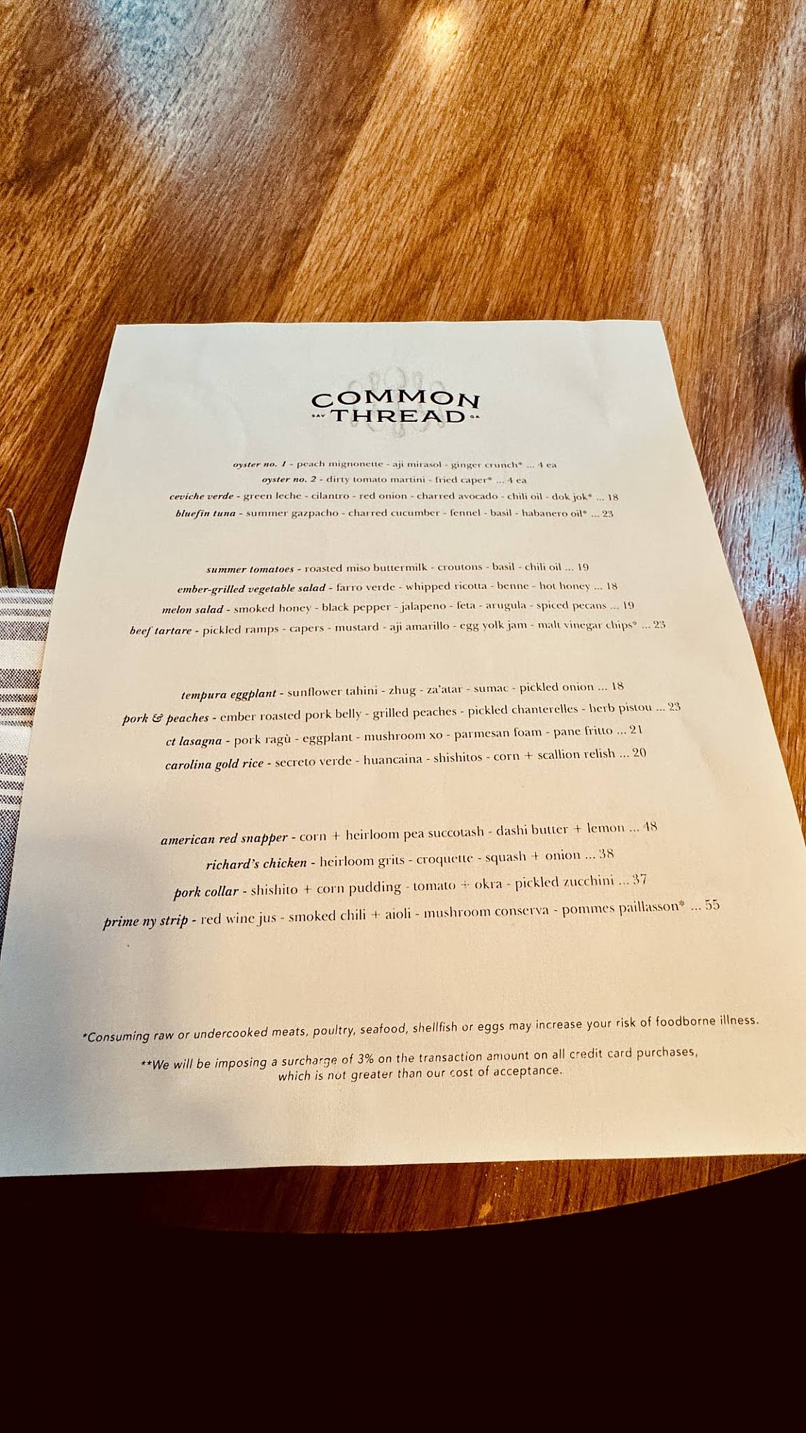 Carta del restaurante Common Thread, Savannah
