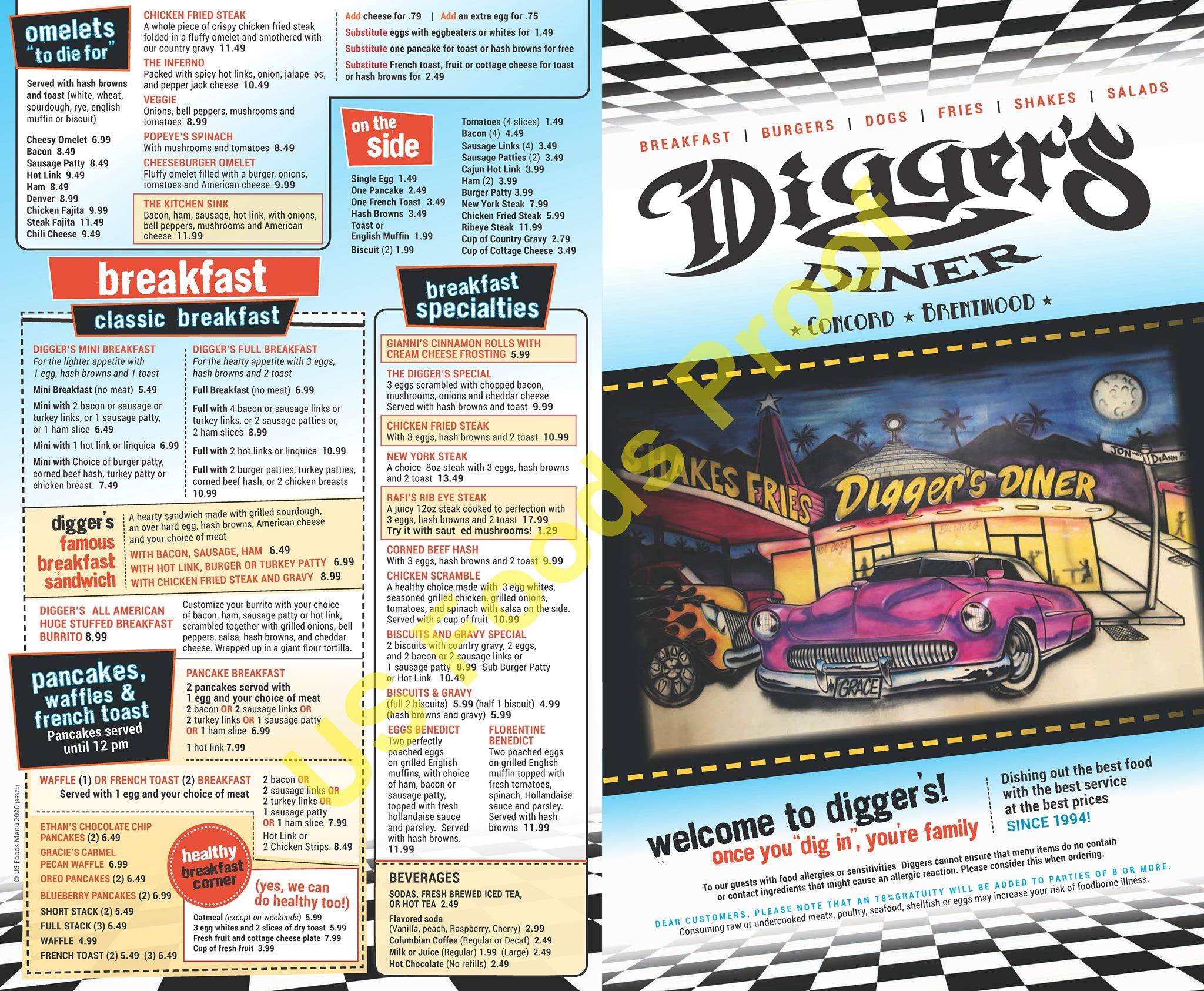 Menu at Digger's Diner Concord fast food, Concord