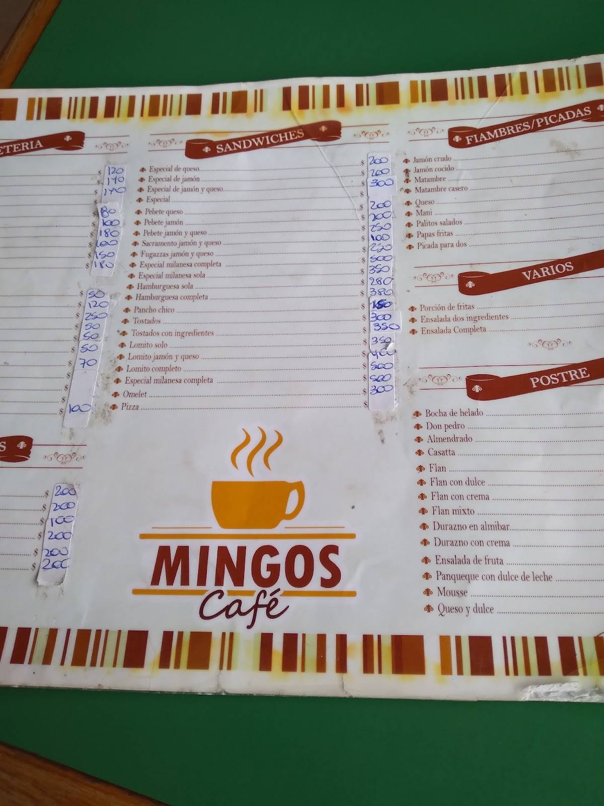 Menu at Confitería Mingo's cafe, Dolores