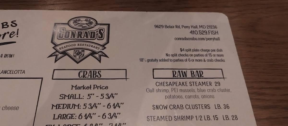 Menu at Conrad's Seafood Restaurant, Perry Hall