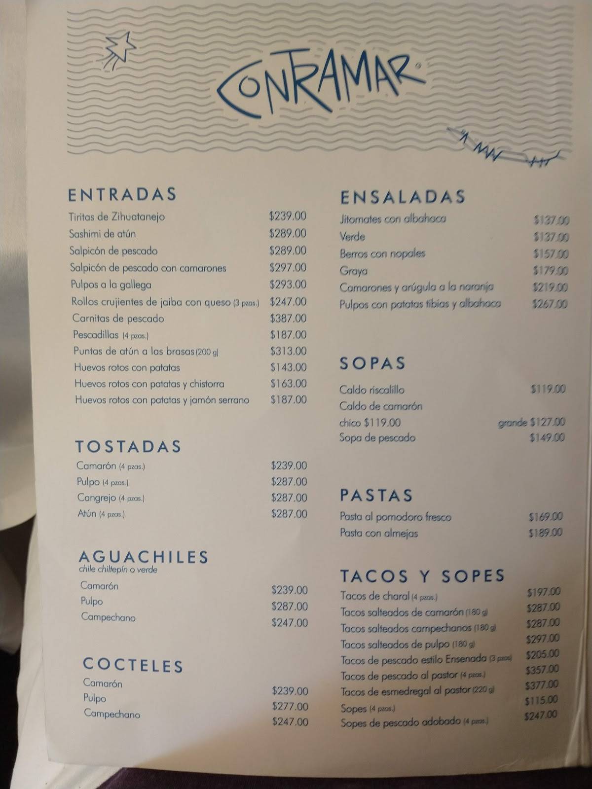 Carta del restaurante Contramar, Ciudad López Mateos, Durango 200