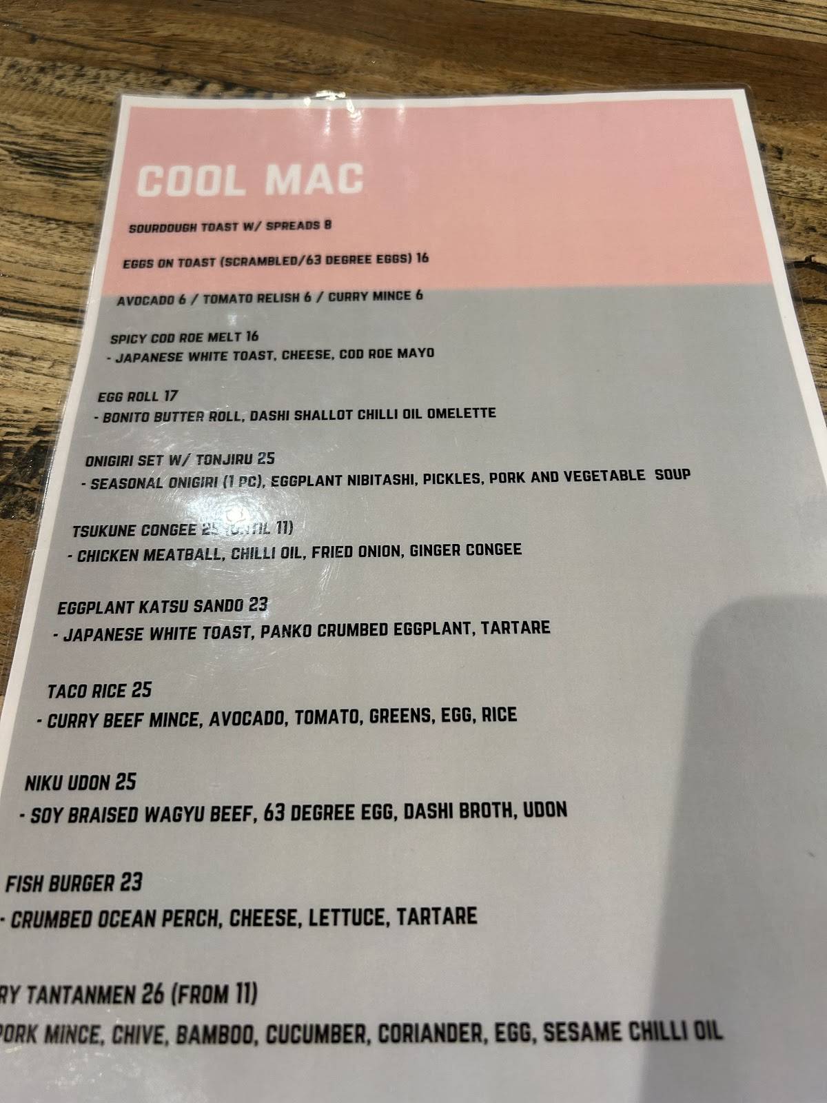 Menu at Cool Mac cafe, Kirribilli