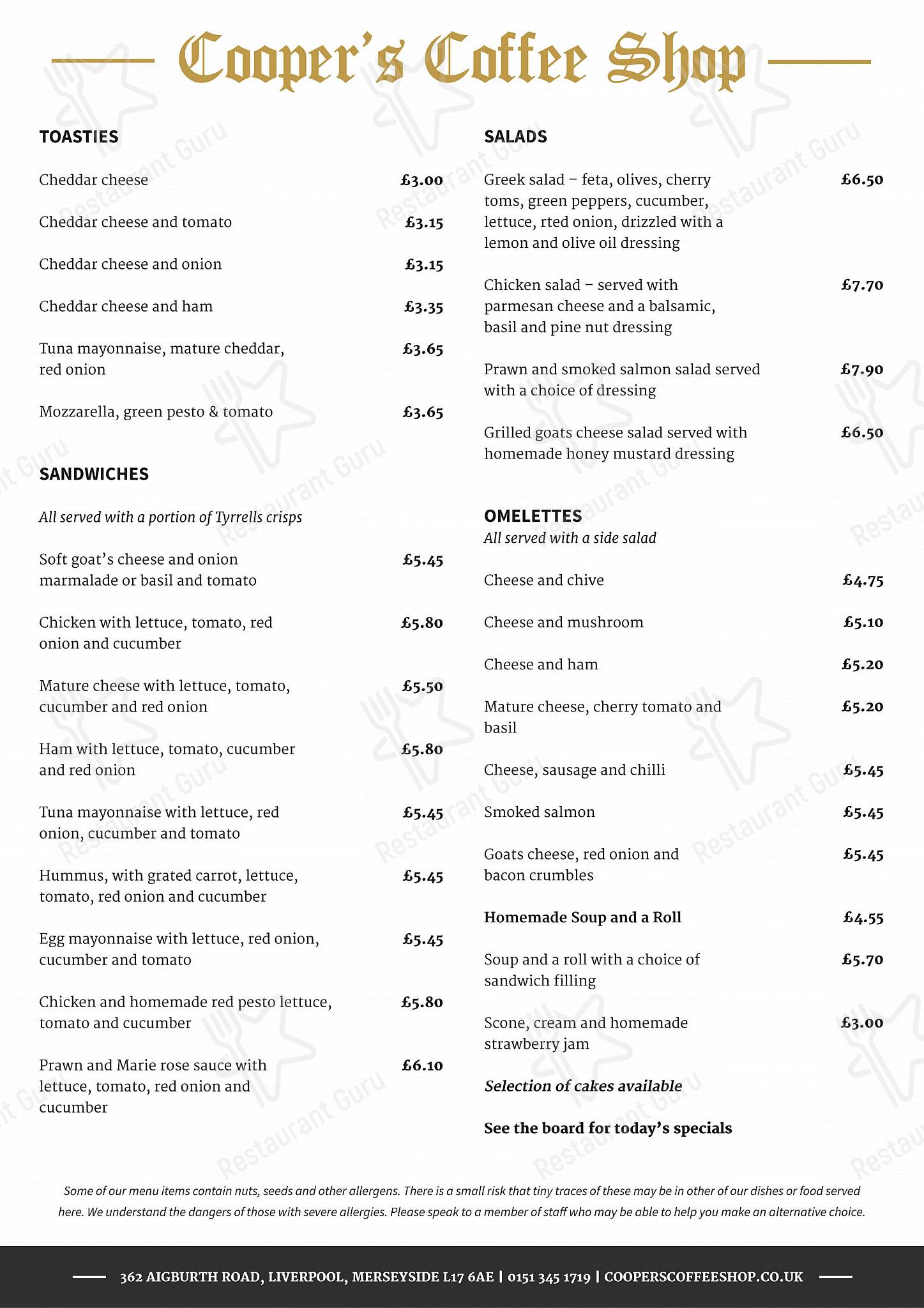 Menu at Cooper's Coffee Shop cafe, Liverpool