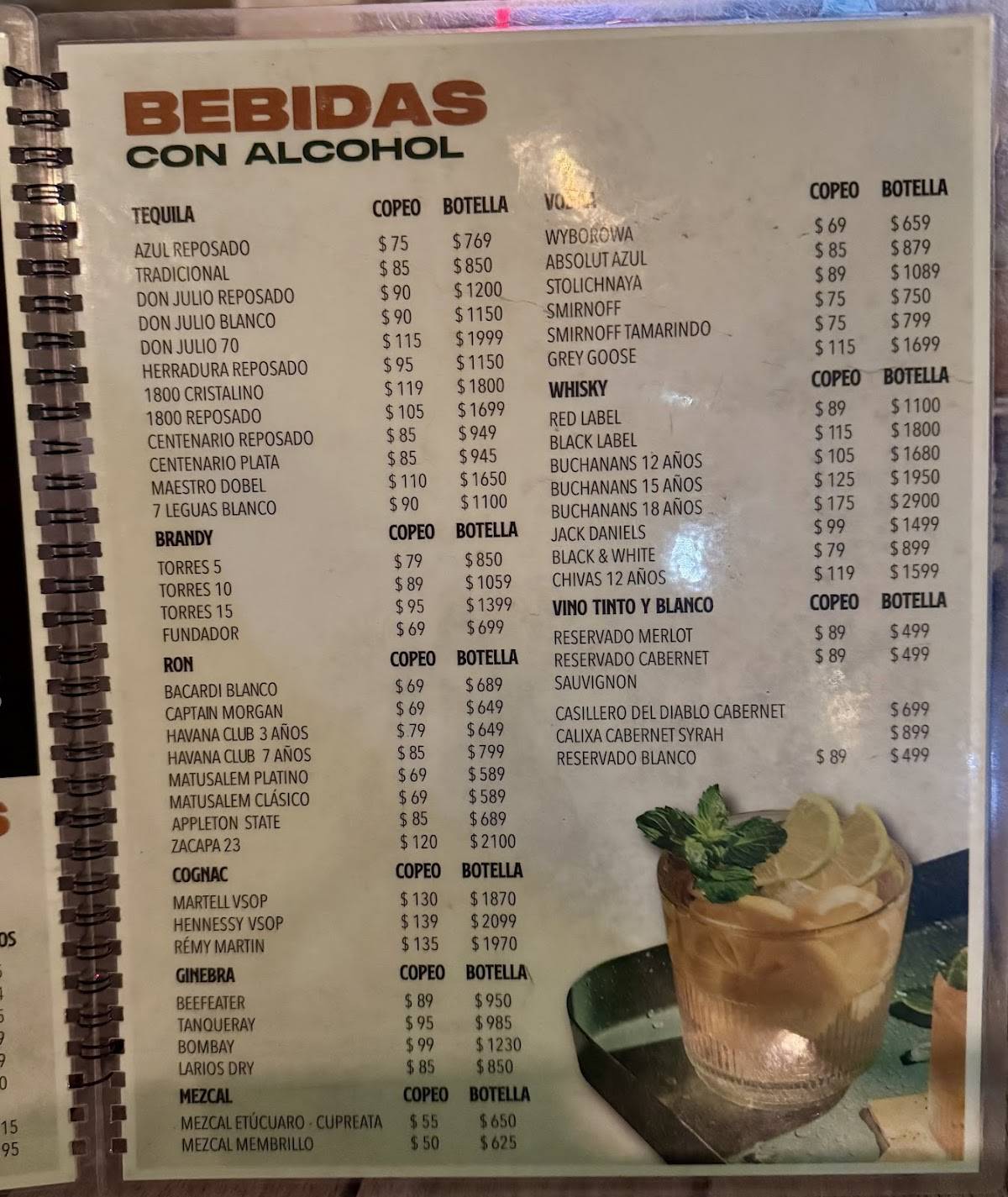 Carta del restaurante Copacabana. Espadas Brasileñas, Morelia