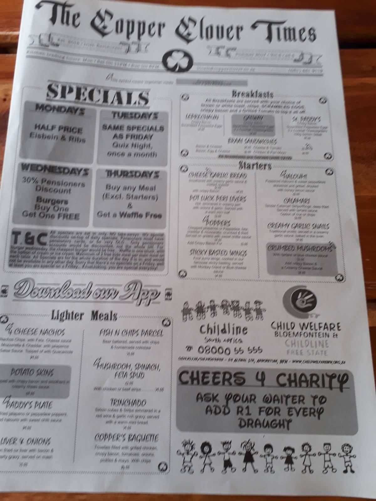 Menu at Copper Clover restaurant, Bloemfontein