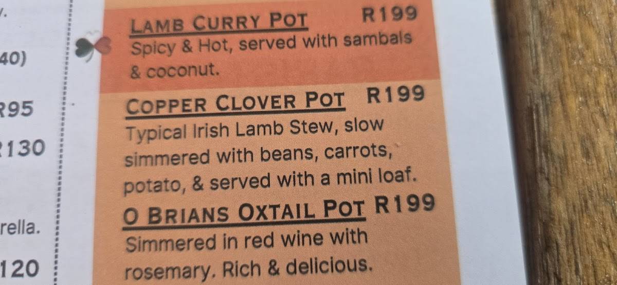 Menu at Copper Clover restaurant, Bloemfontein
