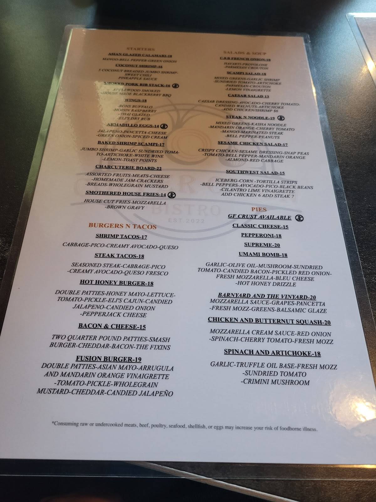 Menu at Copper Onion Bistro restaurant, Billings