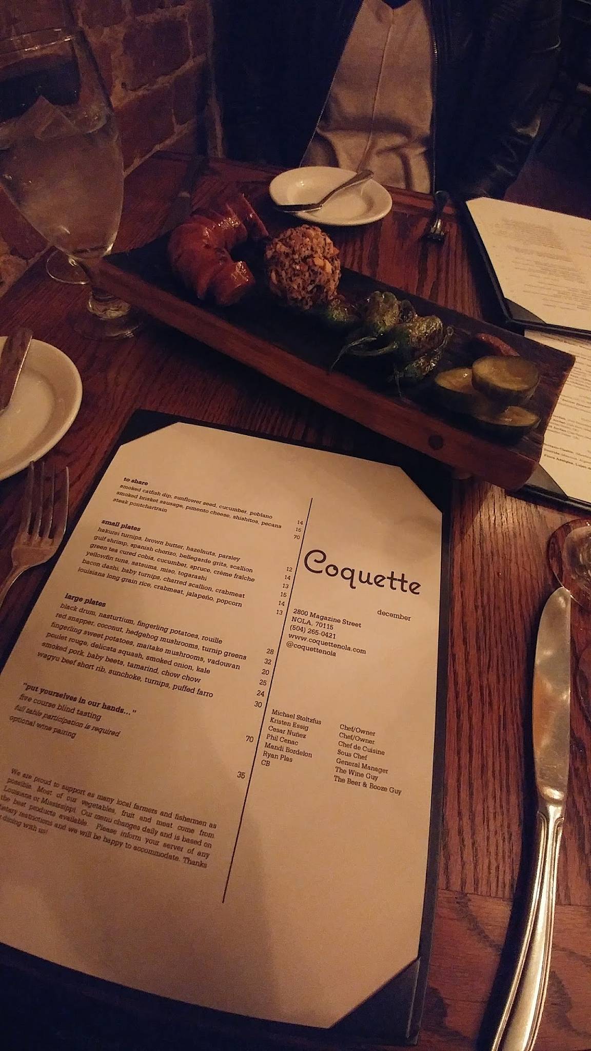 Menu at Coquette restaurant, New Orleans