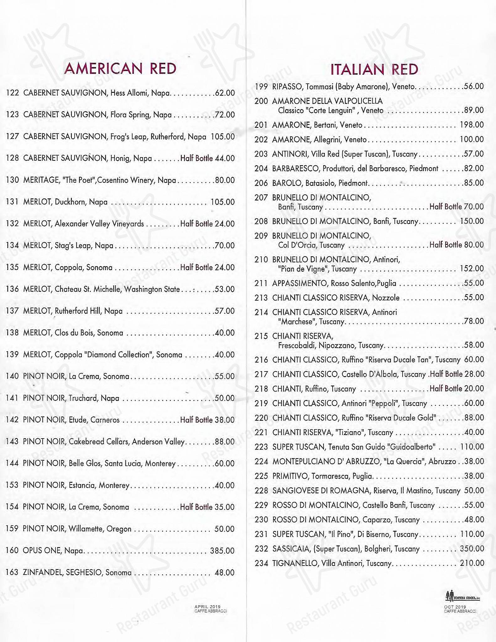 Menu at Caffe Abbracci pub & bar, Coral Gables
