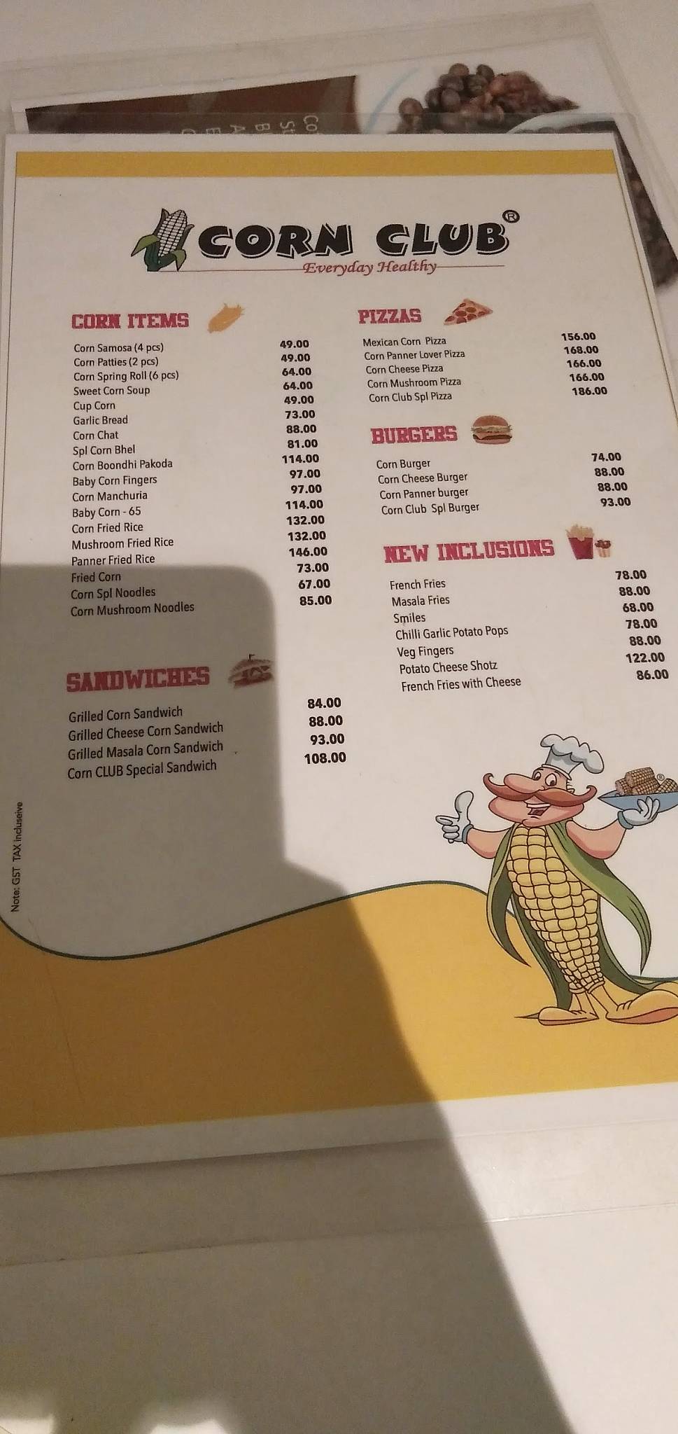Menu at Corn Club, Vijayawada, Tikkle Road