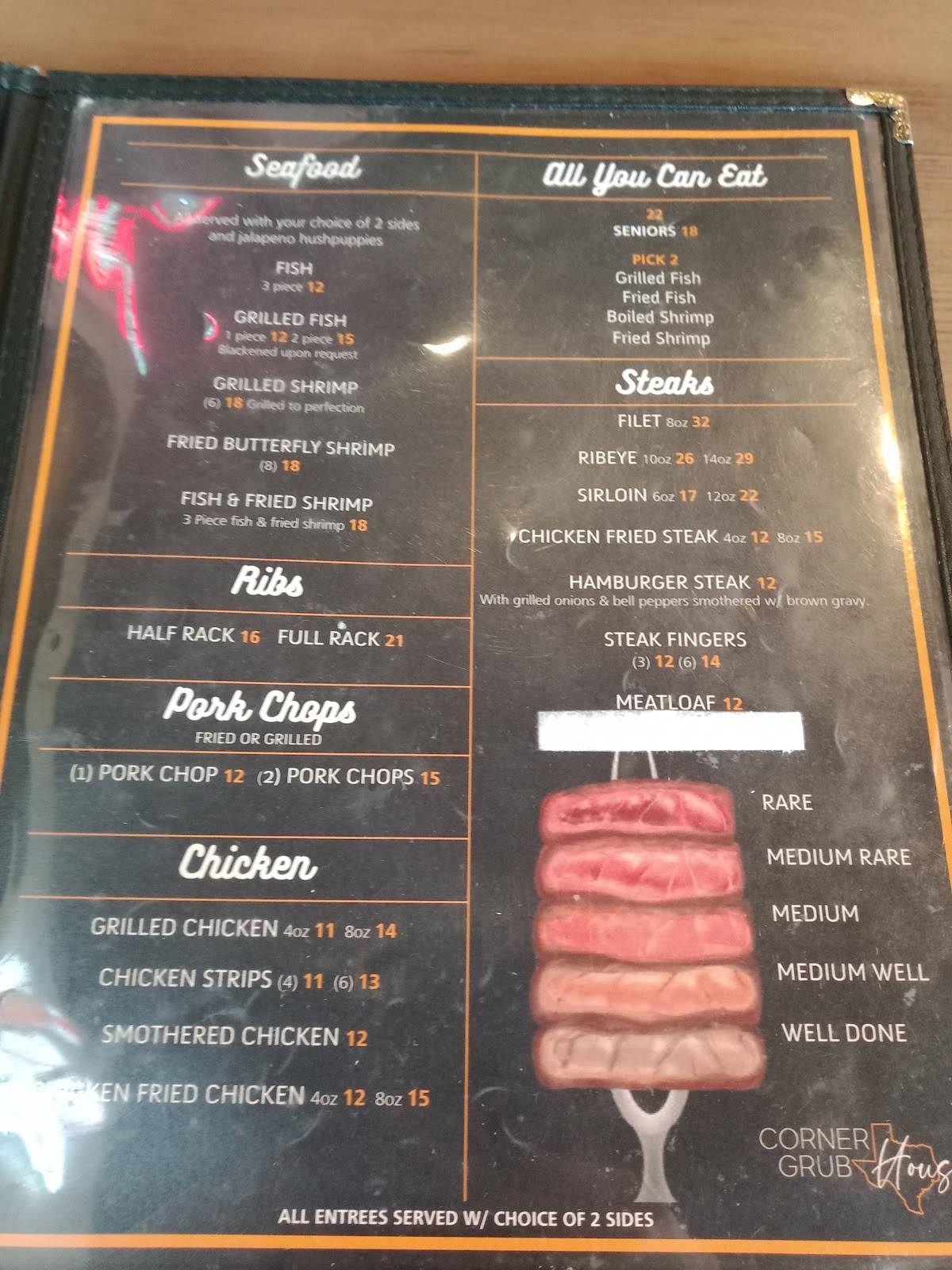 Menu at Corner Grub House steakhouse, Sulphur Springs