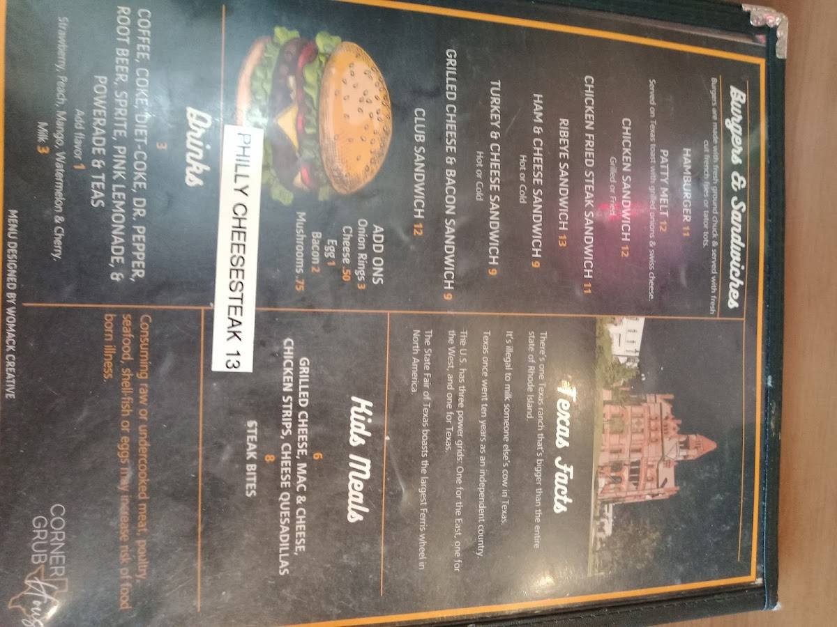 Menu at Corner Grub House steakhouse, Sulphur Springs