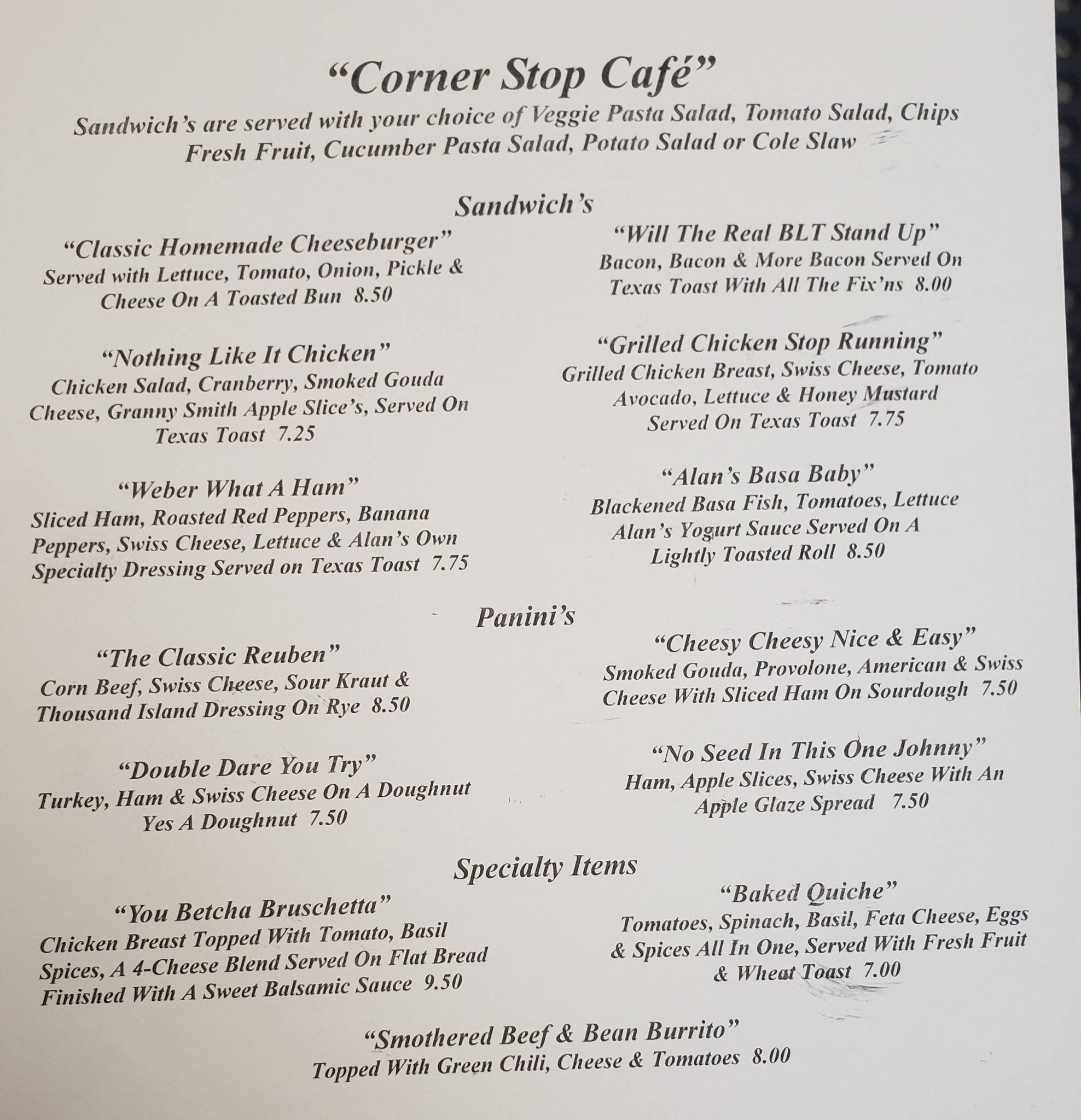 Menu at Corner Stop Cafe, Dexter
