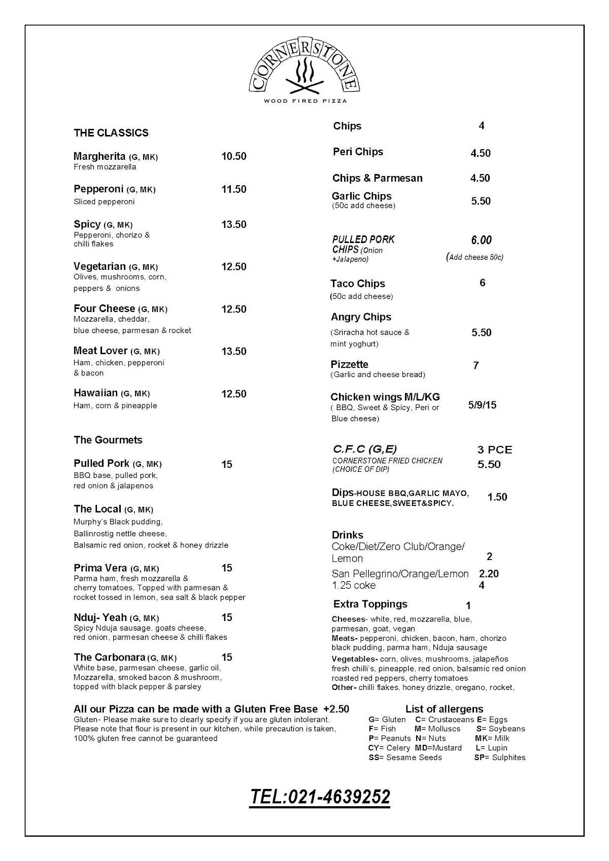 Menu at Cornerstone Pizza pizzeria, Midleton