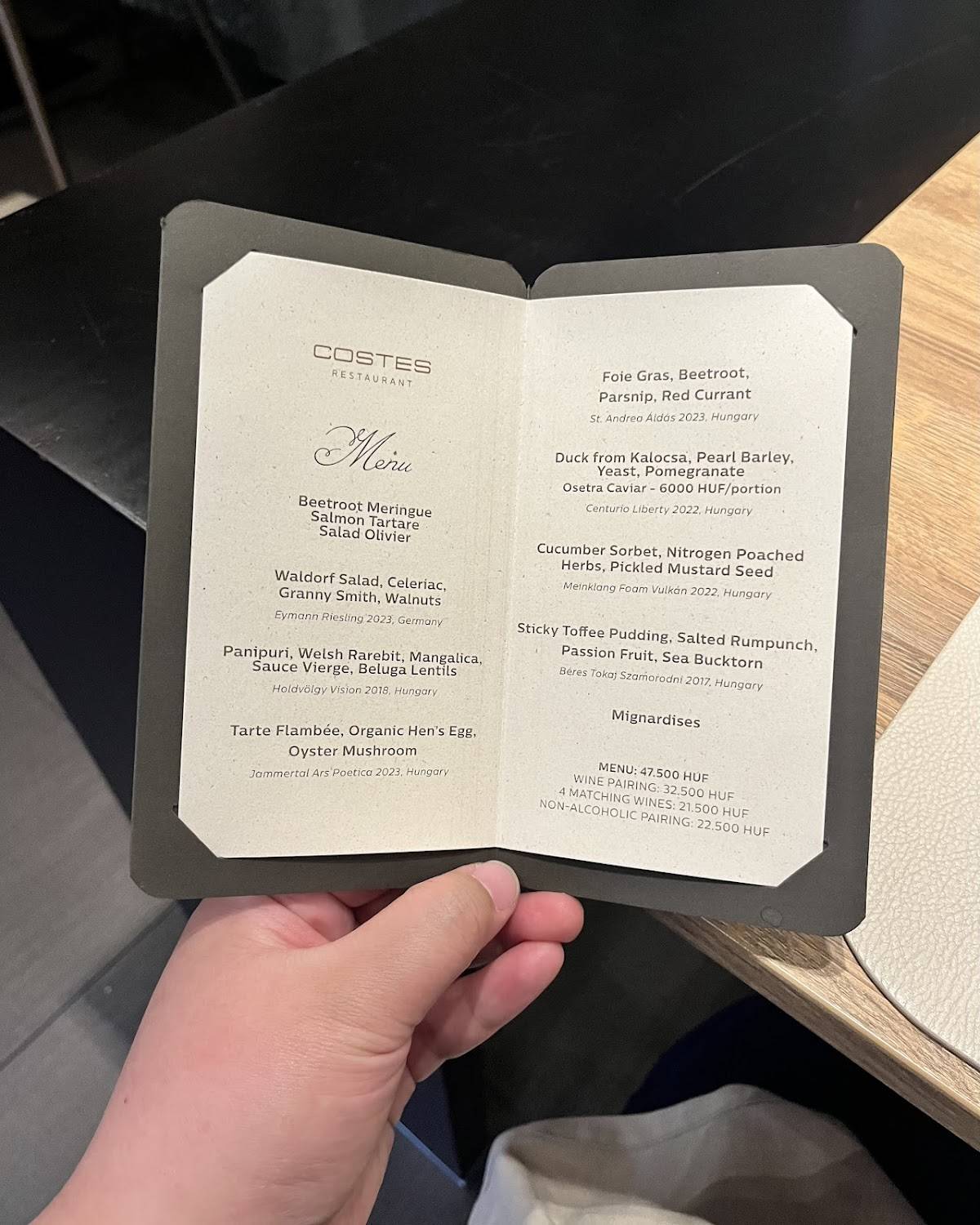 Menu at Costes Restaurant, Budapest