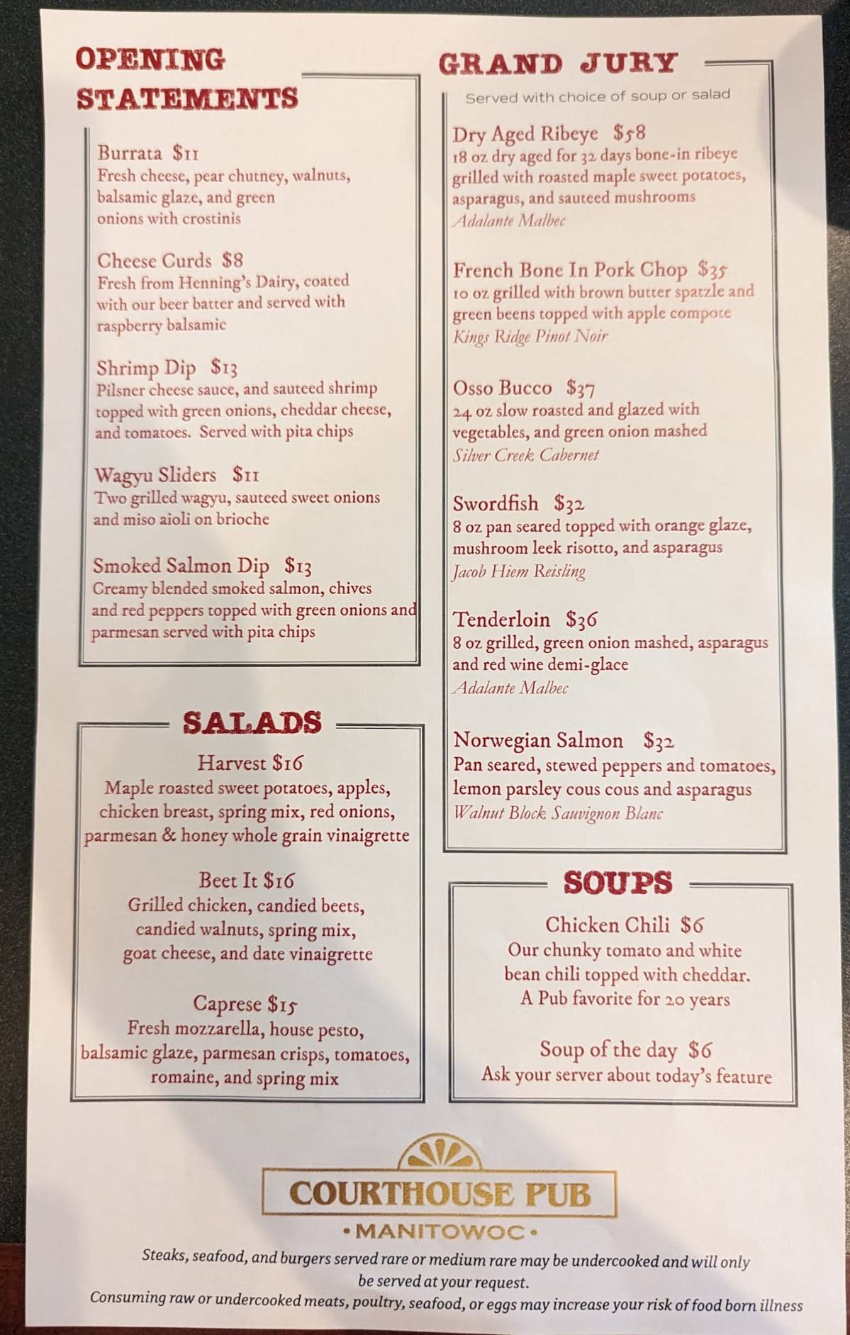 Menu at Courthouse Pub, Manitowoc