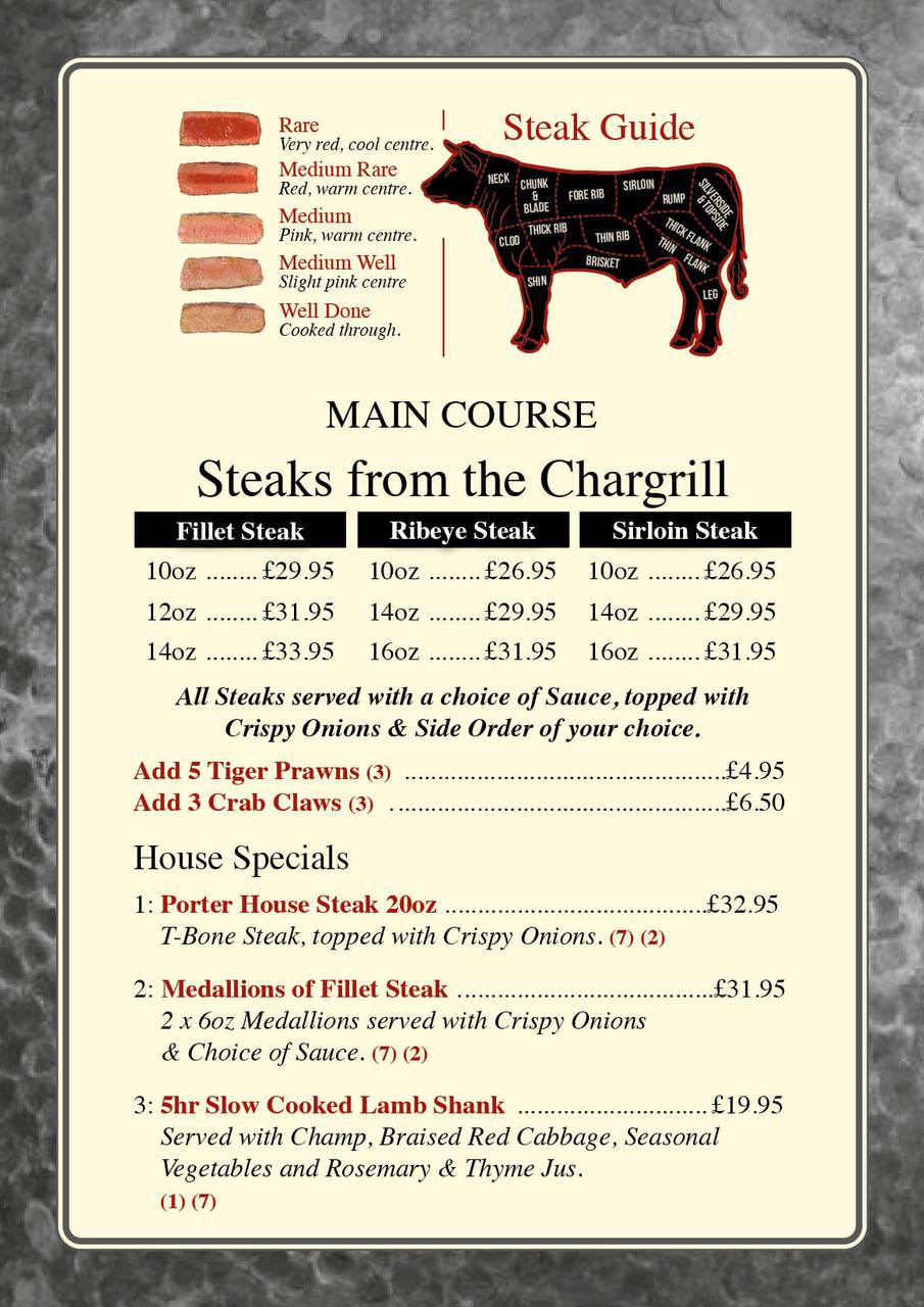 Menu at Courtneys Steakhouse, Newry, 24 Margaret Street