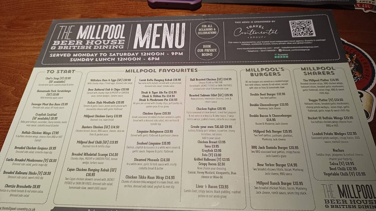 Menu at The Millpool restaurant, Coventry, Hipswell Hwy