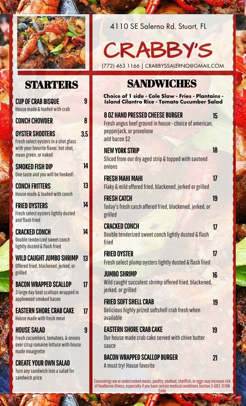Menu at Crabbys Port Salerno restaurant, Stuart, SE Salerno Rd