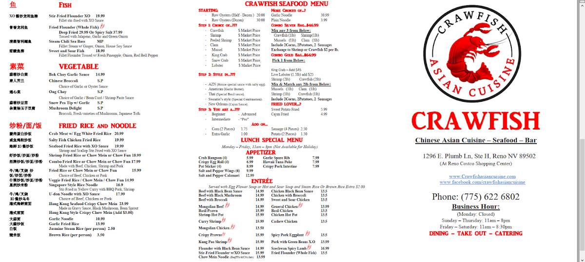 Menu at Crawfish Asian Cuisine restaurant, Reno