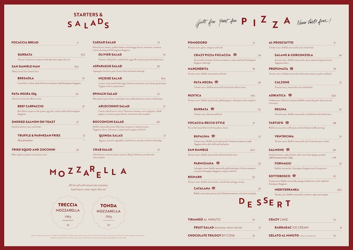 Menu au Crazy Pizza Monte Carlo restaurant, Monaco