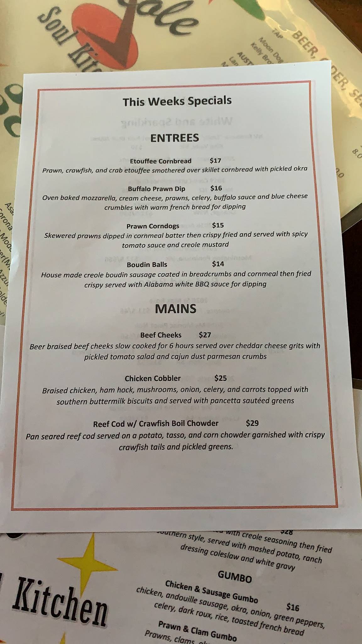 Menu at Creole Soul Kitchen restaurant, Spring Hill
