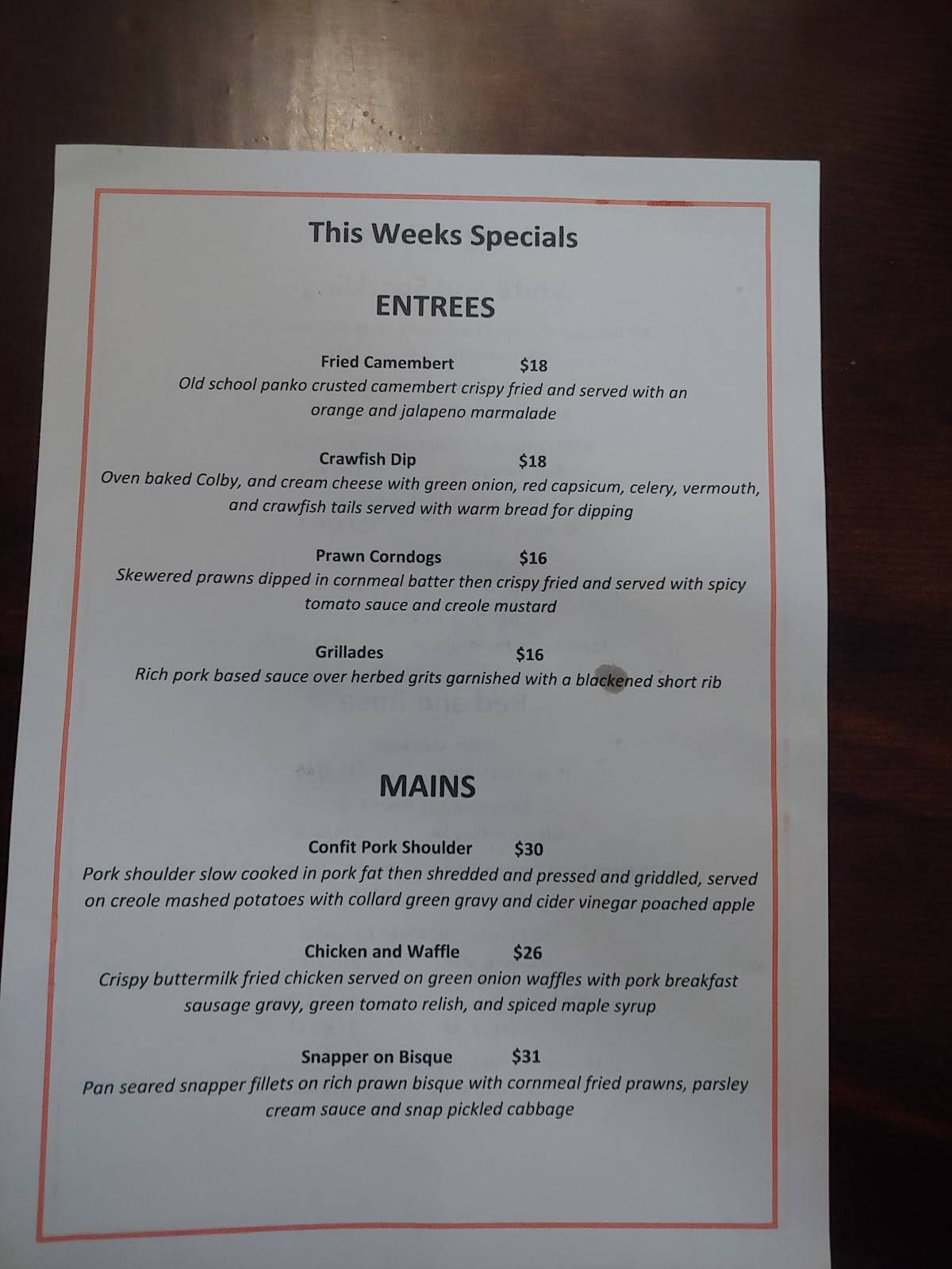 Menu at Creole Soul Kitchen restaurant, Spring Hill