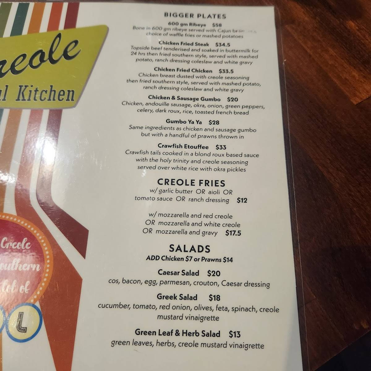 Menu at Creole Soul Kitchen restaurant, Spring Hill