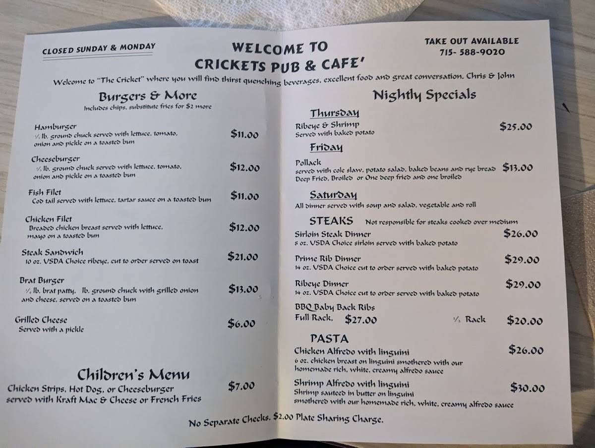 Menu at Crickets Pub & Cafe, Lac du Flambeau, Bo Di Lac Rd