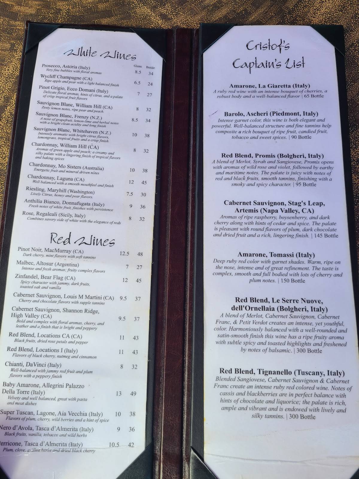 Menu at Cristof's on McGregor restaurant, Fort Myers