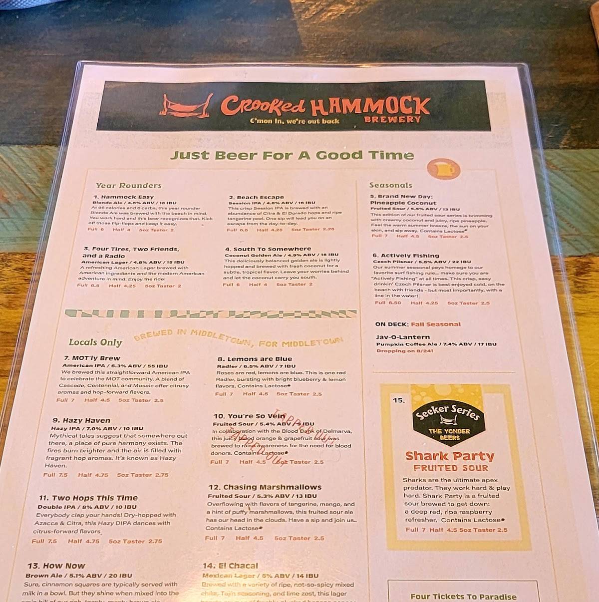 Menu at Crooked Hammock Brewery pub & bar, Middletown